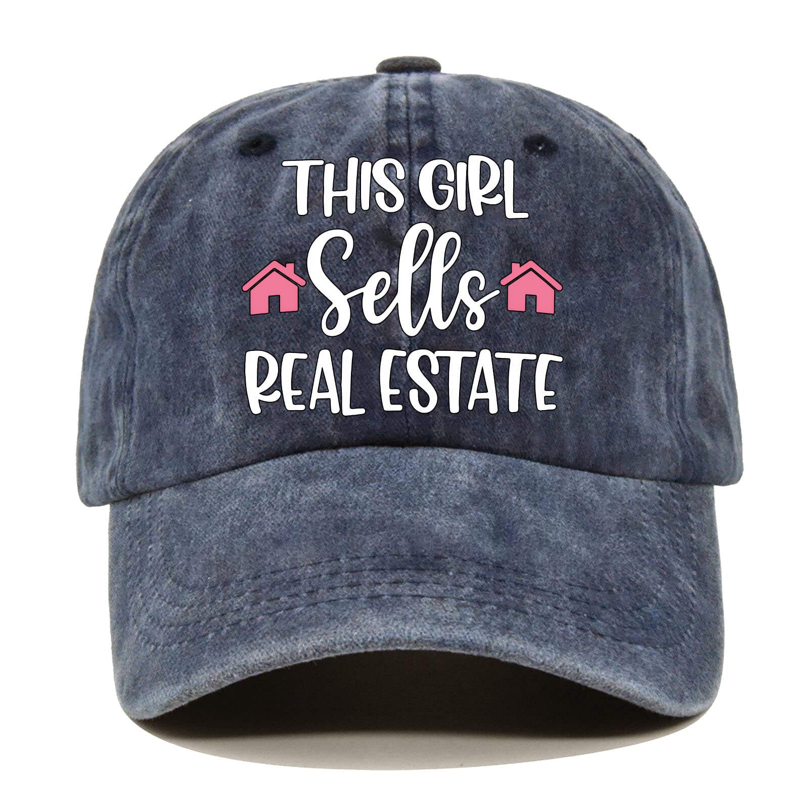 Pishovi This Girl Sells Real Estate Distressed Washed Blue Baseball Cap, Vintage Adjustable Cotton Cap, Birthday Gifts for Colleagues Friends, Real Estate Gifts to Realtors Mom