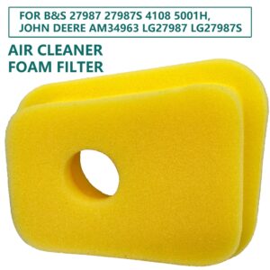 2 Pack 27987S Air Filter Cleaner Foam for BS Lawn Mower 7987 4108 5001H John Deere AM34963 LG27987 LG27987S Briggs Stratton 60500 61500 80500 81500 90102 130200 131200 140200