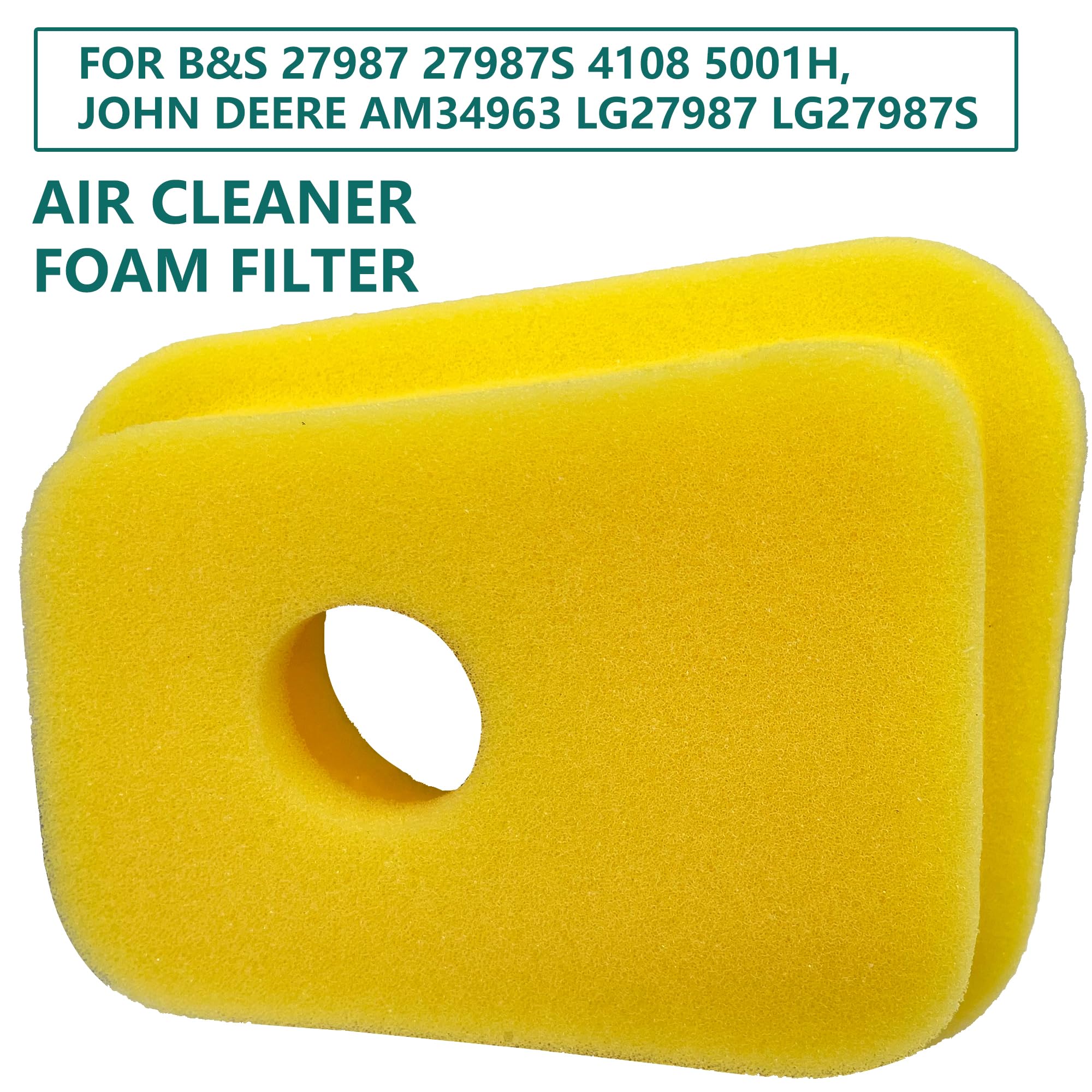 2 Pack 27987S Air Filter Cleaner Foam for BS Lawn Mower 7987 4108 5001H John Deere AM34963 LG27987 LG27987S Briggs Stratton 60500 61500 80500 81500 90102 130200 131200 140200