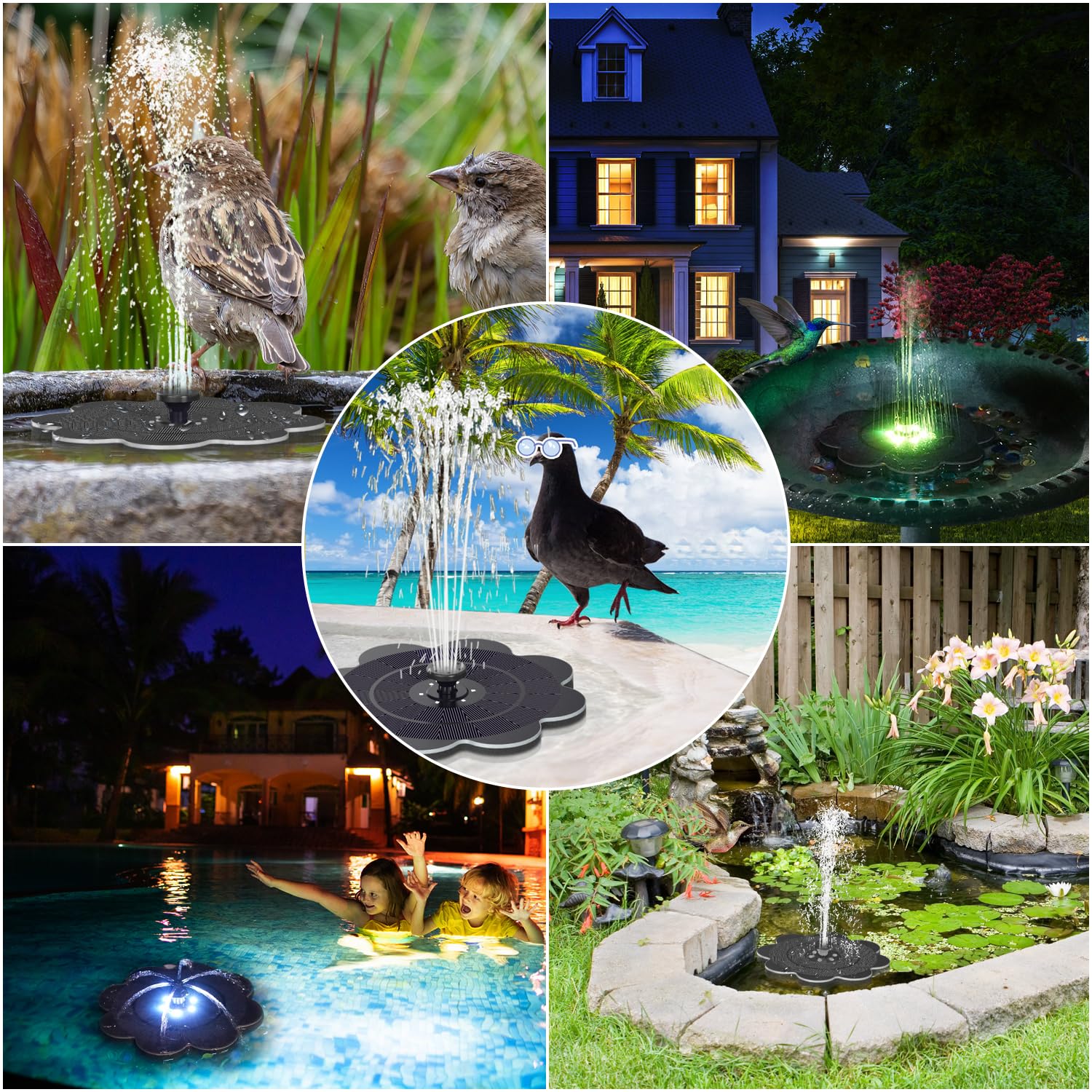 GAIZERL Solar Fountain, 2024 Upgrade Lucky Flower 3.5W Solar Bird Bath Water Fountain with Lights, and 2000mAh Battery, Solar Powered Hummingbird Fountain Pump with 7 Nozzles, 4 Fixed Pipes for Garden