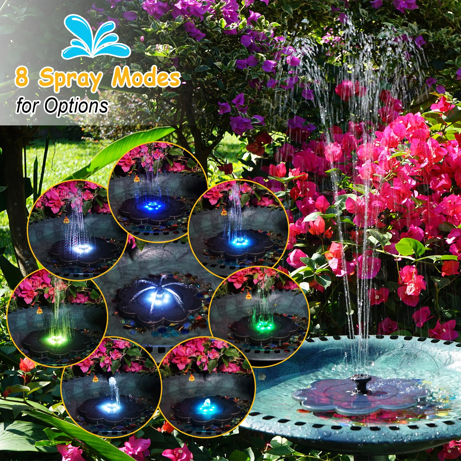 GAIZERL Solar Fountain, 2024 Upgrade Lucky Flower 3.5W Solar Bird Bath Water Fountain with Lights, and 2000mAh Battery, Solar Powered Hummingbird Fountain Pump with 7 Nozzles, 4 Fixed Pipes for Garden