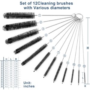 Straw Cleaner Brushes Sets, 12 Pieces 8.2 Inch Botthle Cleaning Brush and Nylon Tube Brush Brush Kit for Sippy Cup, Tumbler, Water Bottle, Drinking Straw (Black)