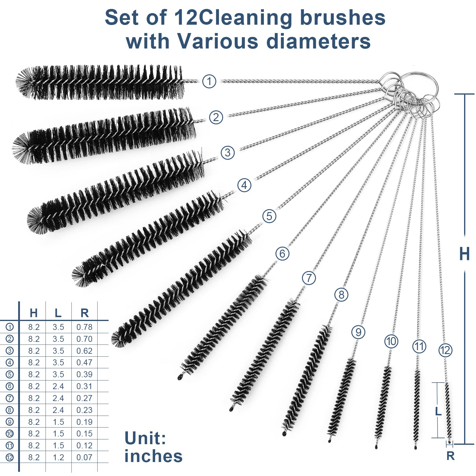 Straw Cleaner Brushes Sets, 12 Pieces 8.2 Inch Botthle Cleaning Brush and Nylon Tube Brush Brush Kit for Sippy Cup, Tumbler, Water Bottle, Drinking Straw (Black)