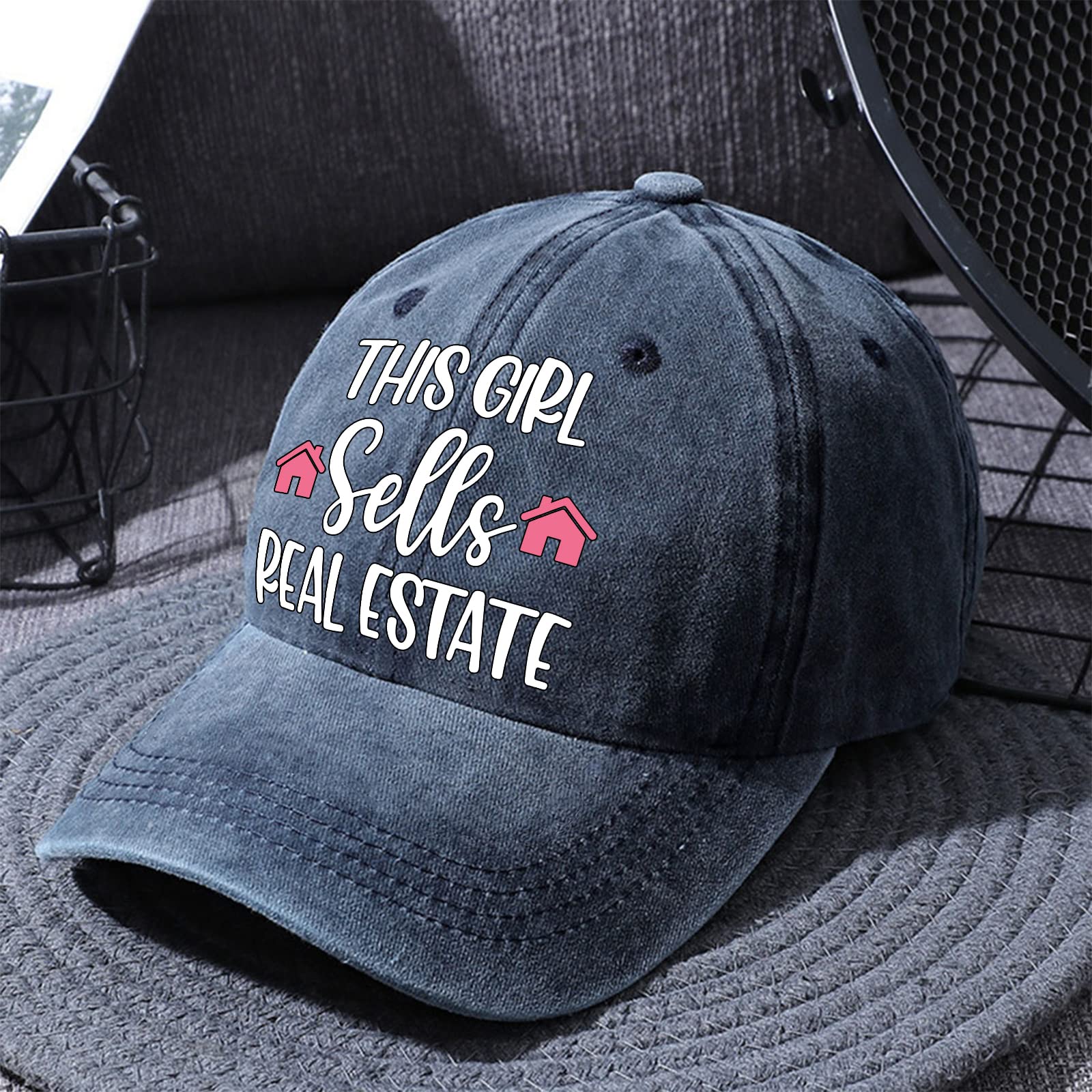 Pishovi This Girl Sells Real Estate Distressed Washed Blue Baseball Cap, Vintage Adjustable Cotton Cap, Birthday Gifts for Colleagues Friends, Real Estate Gifts to Realtors Mom