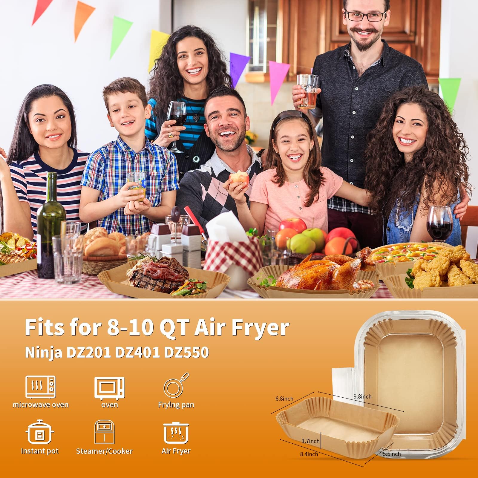 Air Fryer Disposable Paper Liner for Ninja DZ201/DZ401/DZ550/SL401/SL201/DZ302/SL451,100PCs Rectangle 8.6x 5.5'' Baking Parchment Paper Inserts Accessories,Ninja Foodi Dual Papel para Freidora de Aire