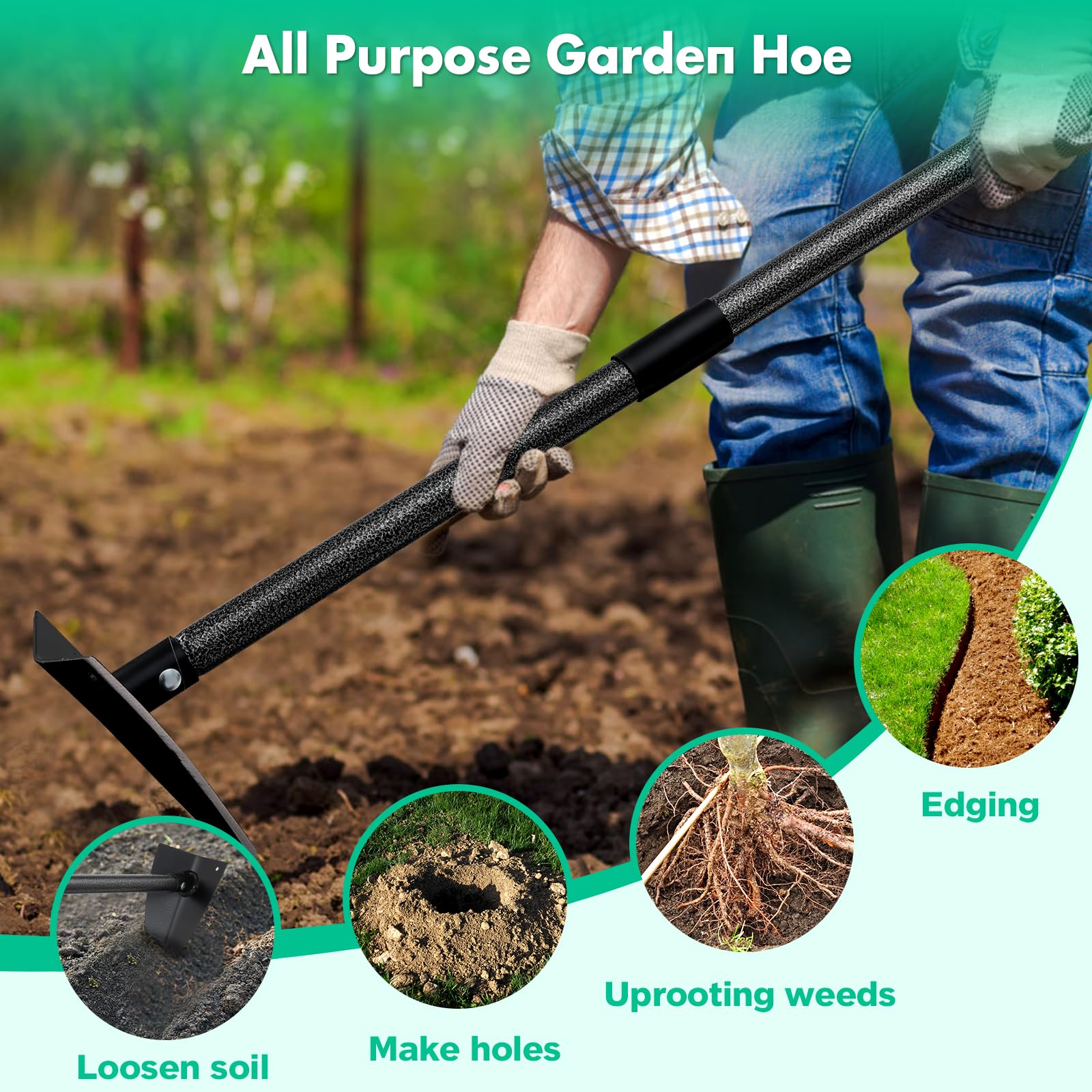 Hoe Garden Tool Long Handle, 60 Inch Long Triangle Hoe Manual Weeder,Heavy Duty Landscaping Triangle Weeding Hoe for Gardening Weeding Digging Loosening Edging Cultivating, Metal Garden Hoe