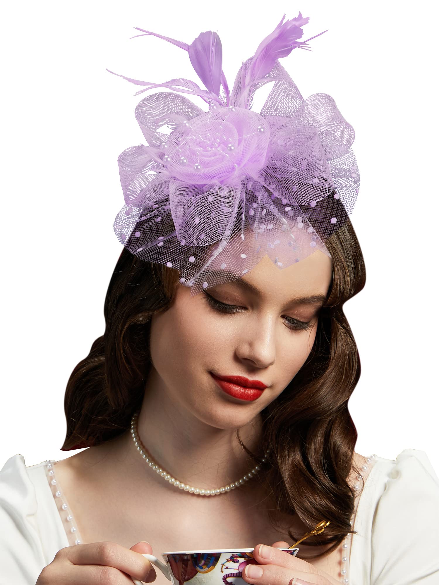 Cizoe Fascinators Hat for Women Tea Party Hat Kentucky Derby Wedding Flower Cocktail Mesh Feathers Headpiece(1-Lavender)