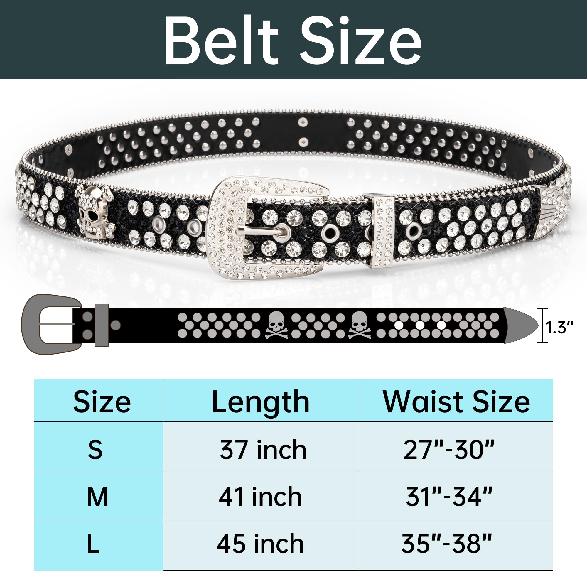 macoking Black Rhinestone Belt Men Women, Bling Skull Belt Vintage Studded Belt Cowboys M