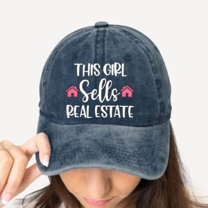 Pishovi This Girl Sells Real Estate Distressed Washed Blue Baseball Cap, Vintage Adjustable Cotton Cap, Birthday Gifts for Colleagues Friends, Real Estate Gifts to Realtors Mom