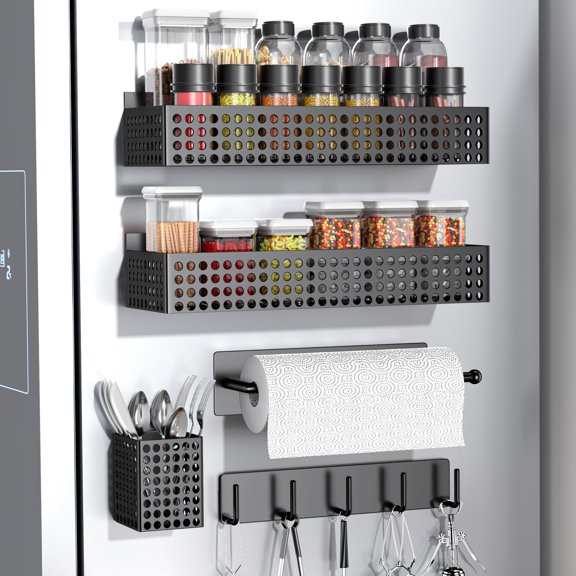 Toosci Magnetic Fridge Organizer Set, 5 Pcs, Customizable, Metal Material, Ideal for Storing Spices, Cans, Drinks, Snacks, Kitchen Utensils, and More