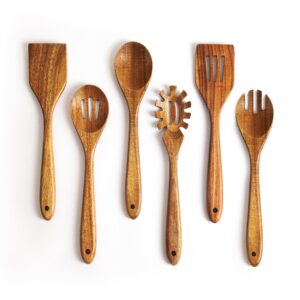 wooden spoons for cooking - 6 piece non stick wooden spoon set - natural wood kitchen utensils - wooden spoons, spatula set, slotted spoon & pasta spoon - handmade acacia wooden spoon set