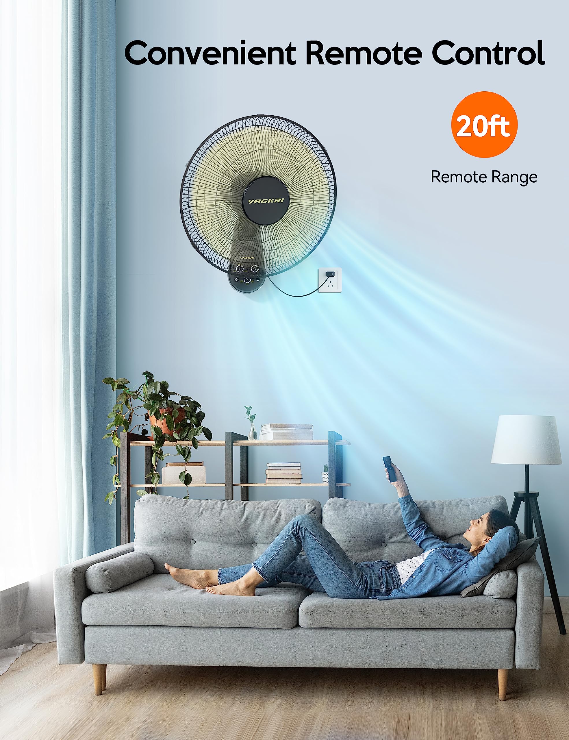 VAGKRI Wall Mount Fan, 16 Inch Wall Fan with 5 Blades, 5 Speeds, 8 Hour Timer, 90° Oscillating Quiet Fan with Remote for Home Office Bedroom Living Room Garage