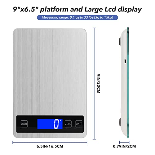 33lb Food Kitchen Digital Scale,1g/0.05oz Precise Graduation, USB Charging Kitchen Scale, Waterproof Stainless Steel with LCD Display, Ounces and Grams for Weight Loss, Cooking, Baking (silvery)