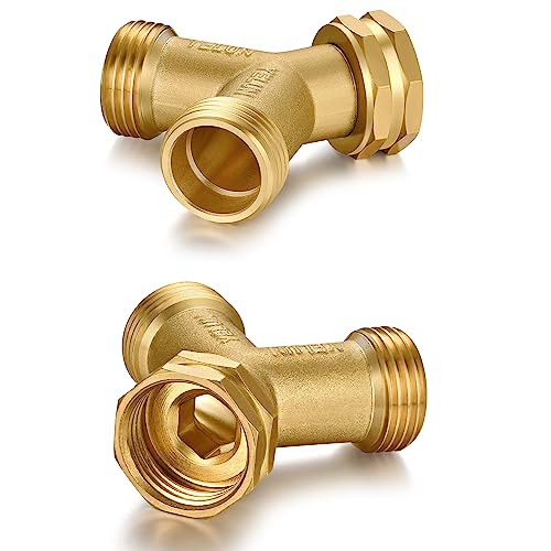 YELUN Garden Hose Splitter,2 Way Connector Heavy Duty Brass, Garden Faucet,Splitter for Outdoor Faucet, Hose y Splitter, Hose Bib Splitter (1 SET)