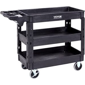 VEVOR Utility Service Cart, 3 Shelf 550LBS Heavy Duty Plastic Rolling Utility Cart with 360° Swivel Wheels (2 with Brakes), Medium Lipped Shelf, Ergonomic Storage Handle for Warehouse/Garage/Cleaning