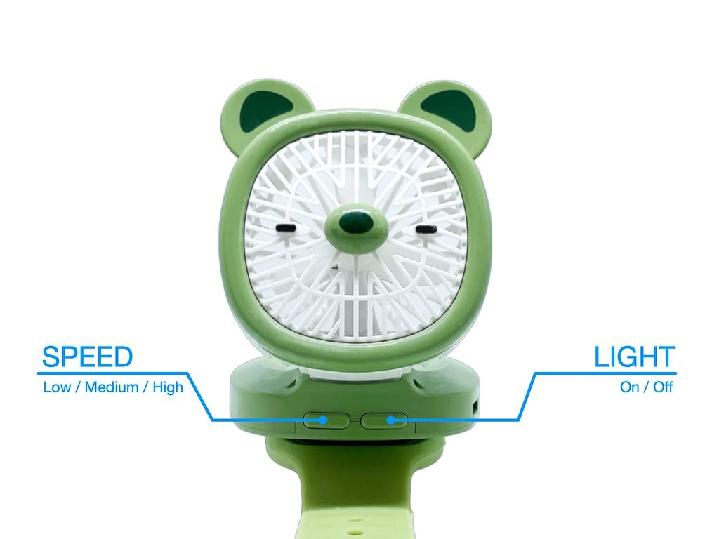 Shelbybox Personal Fan with Wrist Strap - Battery Operated, USB Rechargeable Fan Portable, LED Lights, 3 Adjustable Speed - Portable Fans for Kids Children Boys Girls Indoor Outdoor (Green)