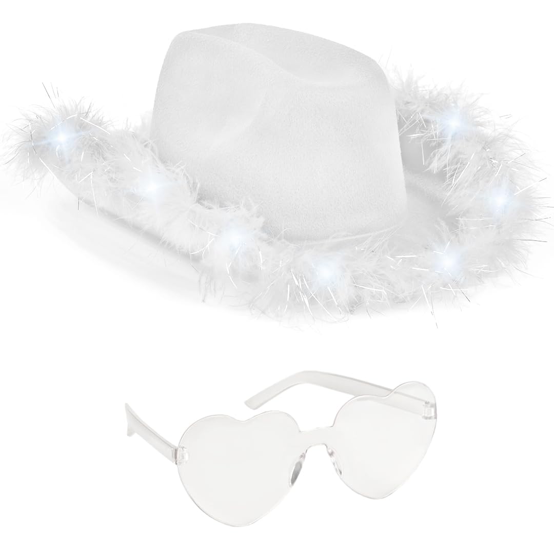 Funcredible White Cowboy Hat and Glasses - Light Up Cowgirl Hat for Girls - Cowboy Hat with Feathers - Taylor Costume - Halloween Hats for Women