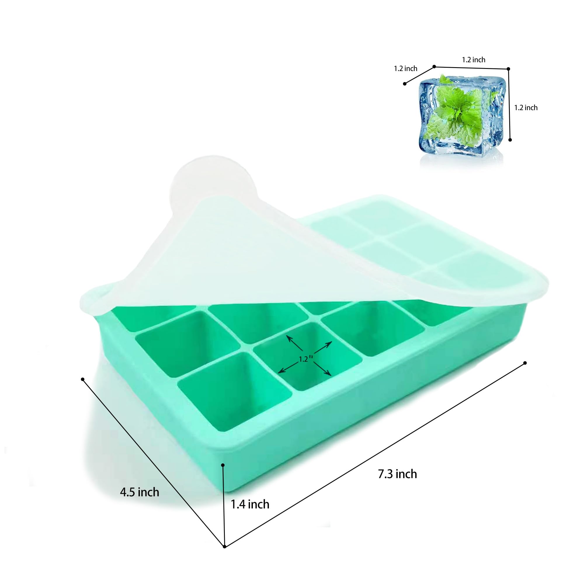 2 Pack Silicone Ice Cube Trays, Easy Release Flexible-15 Cubes Ice Cube Molds,Silicone Ice Cube Molds with Removable Lids for Cocktail, Whiskey, Baby Food, Chocolate-Reusable (Mint Green)