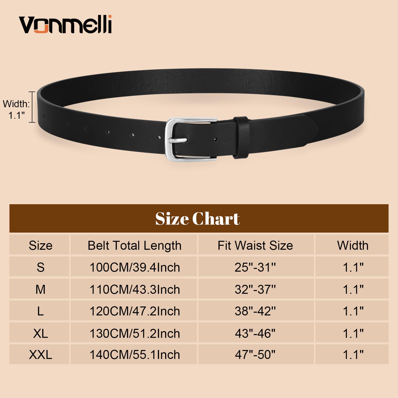 VONMELLI Women's Soft Faux Leather Belt for Jeans Pants Dress Fashion Ladies Waist Belt with Gold/Silvery Buckle Black M