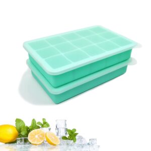 2 pack silicone ice cube trays, easy release flexible-15 cubes ice cube molds,silicone ice cube molds with removable lids for cocktail, whiskey, baby food, chocolate-reusable (mint green)