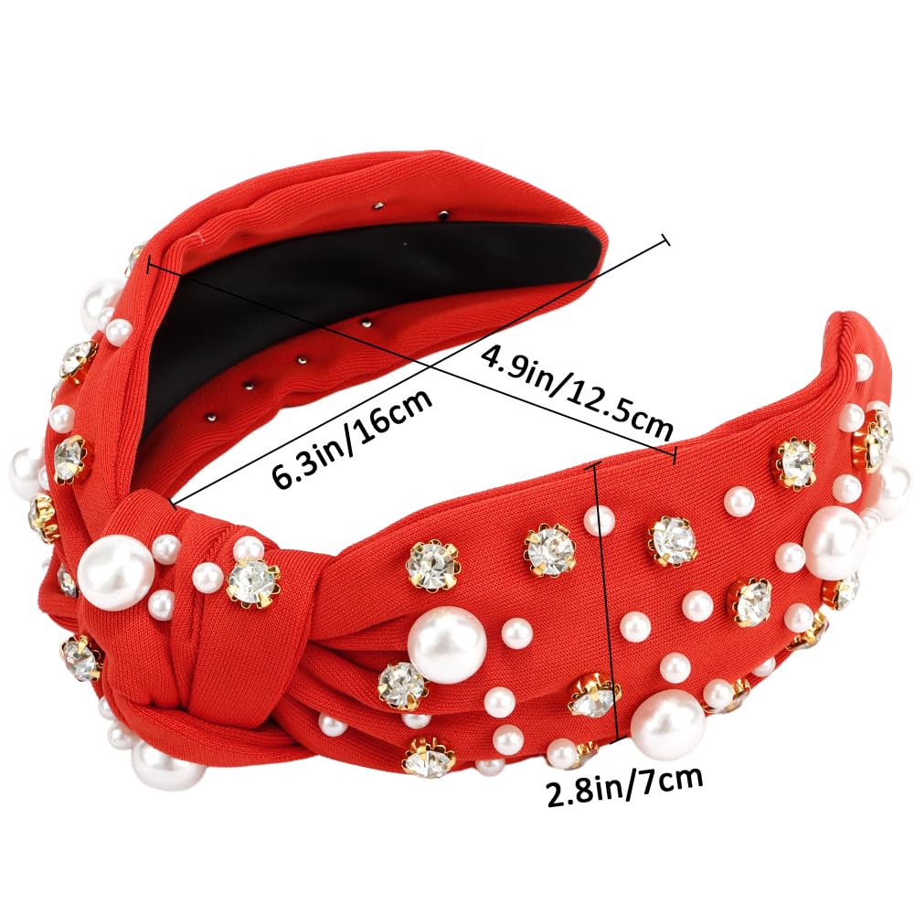 Atoden Red Wide Top Knot Headband with Pearl Rhinestone for Women's Hair Embellished Headbands Non Slip Sparkly Hair Bands Fashion Hair Accessories