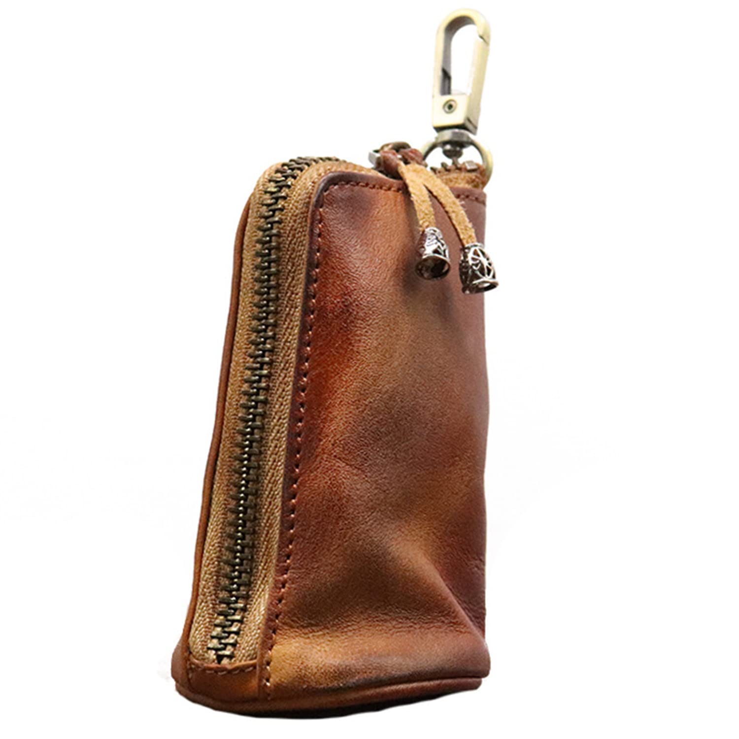 LFWATAXY Medieval Leather Zipper Coin Pouch - Genuine Cowhide, Handcrafted，Coin Organizer, Change Holder，Keychain Coin Purse for Men & Women (Brown)