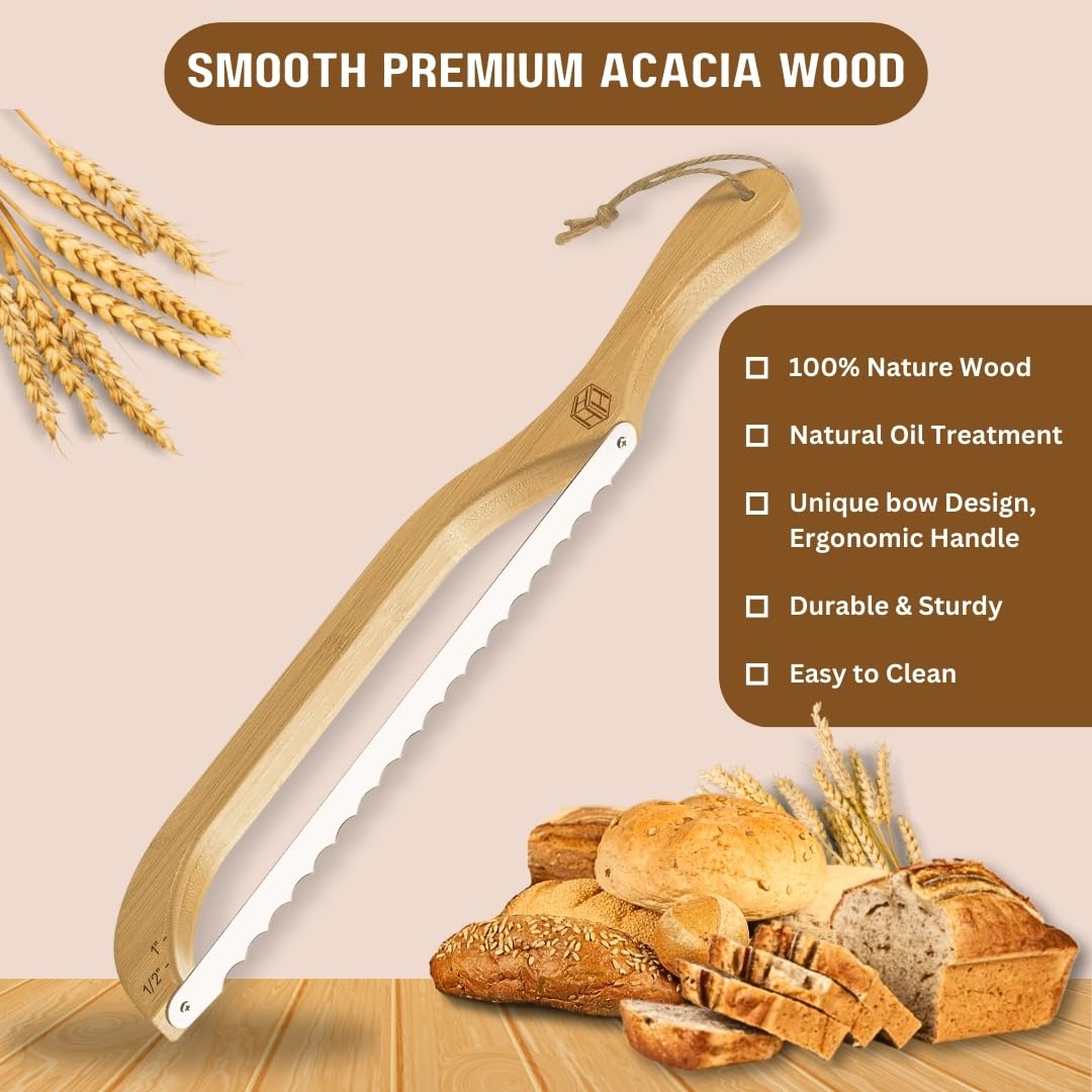 HSQUARE Wooden Bread Bow Knife 16" - Premium Stainless Steel, Fiddle Slicer for Sourdough, Homemade Bread and Bagel, Bread Recipe eBook, Bread Maker Saw Tool - Right Handed