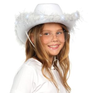 Funcredible White Cowboy Hat and Glasses - Light Up Cowgirl Hat for Girls - Cowboy Hat with Feathers - Taylor Costume - Halloween Hats for Women