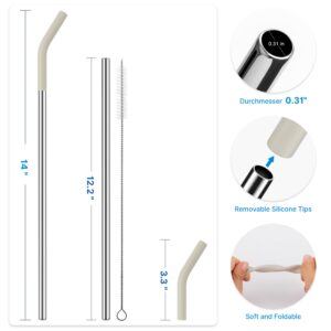 Bluwing Metal Straw with Silicone Tip for 40oz Stanley Cup, 2 Pcs Stainless Steel Straws Replacement for Stanley 40 oz 30 oz Adventure Quencher Travel Tumbler Cup, 1 Straw Brush (Cream Grey)