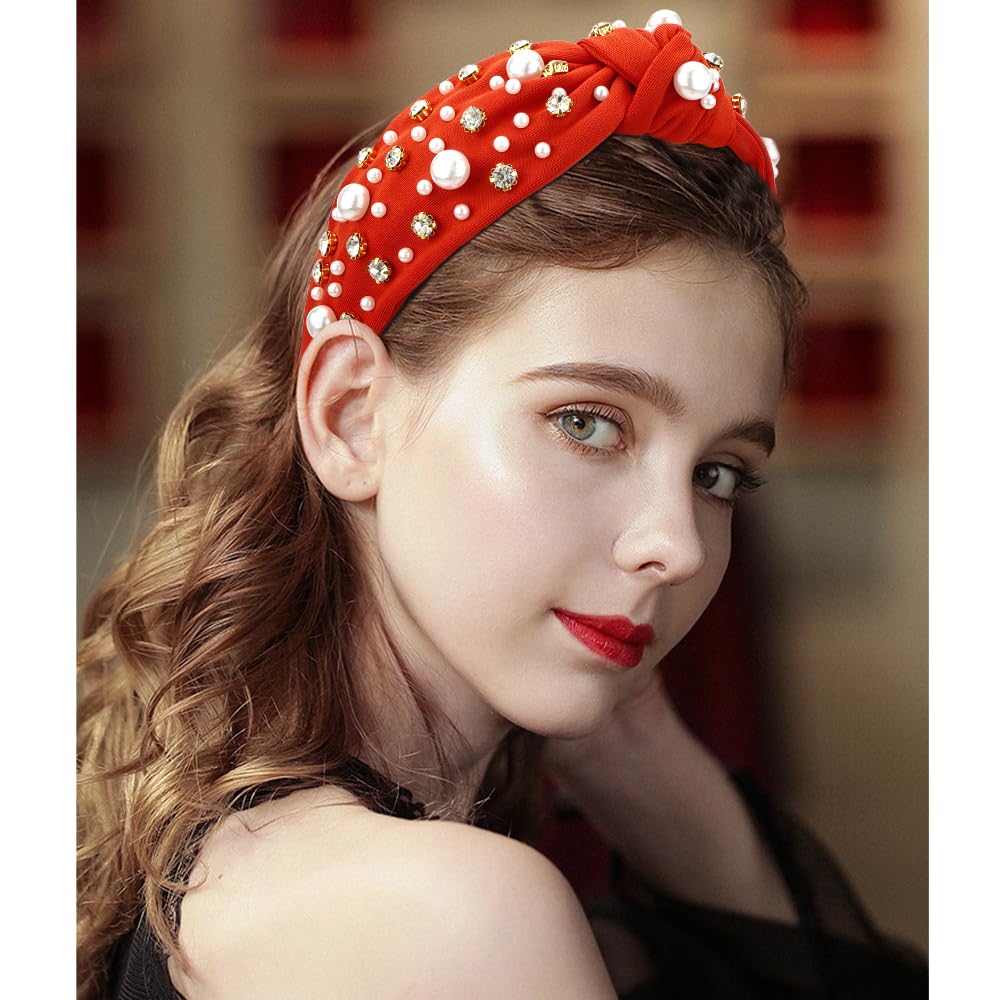 Atoden Red Wide Top Knot Headband with Pearl Rhinestone for Women's Hair Embellished Headbands Non Slip Sparkly Hair Bands Fashion Hair Accessories