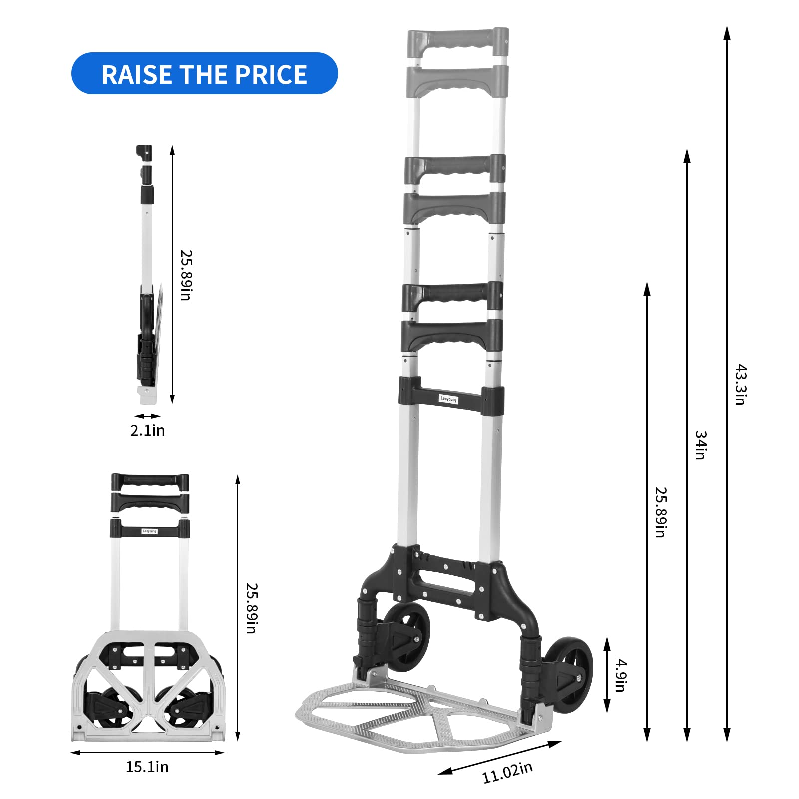 Leeyoung Dolly Cart Extended Handle Foldable Hand Truck, Aluminum Moving Dolly, 175 lb Capacity and 43.31" Long Telescoping Handle for Indoor Outdoor Moving Travel.