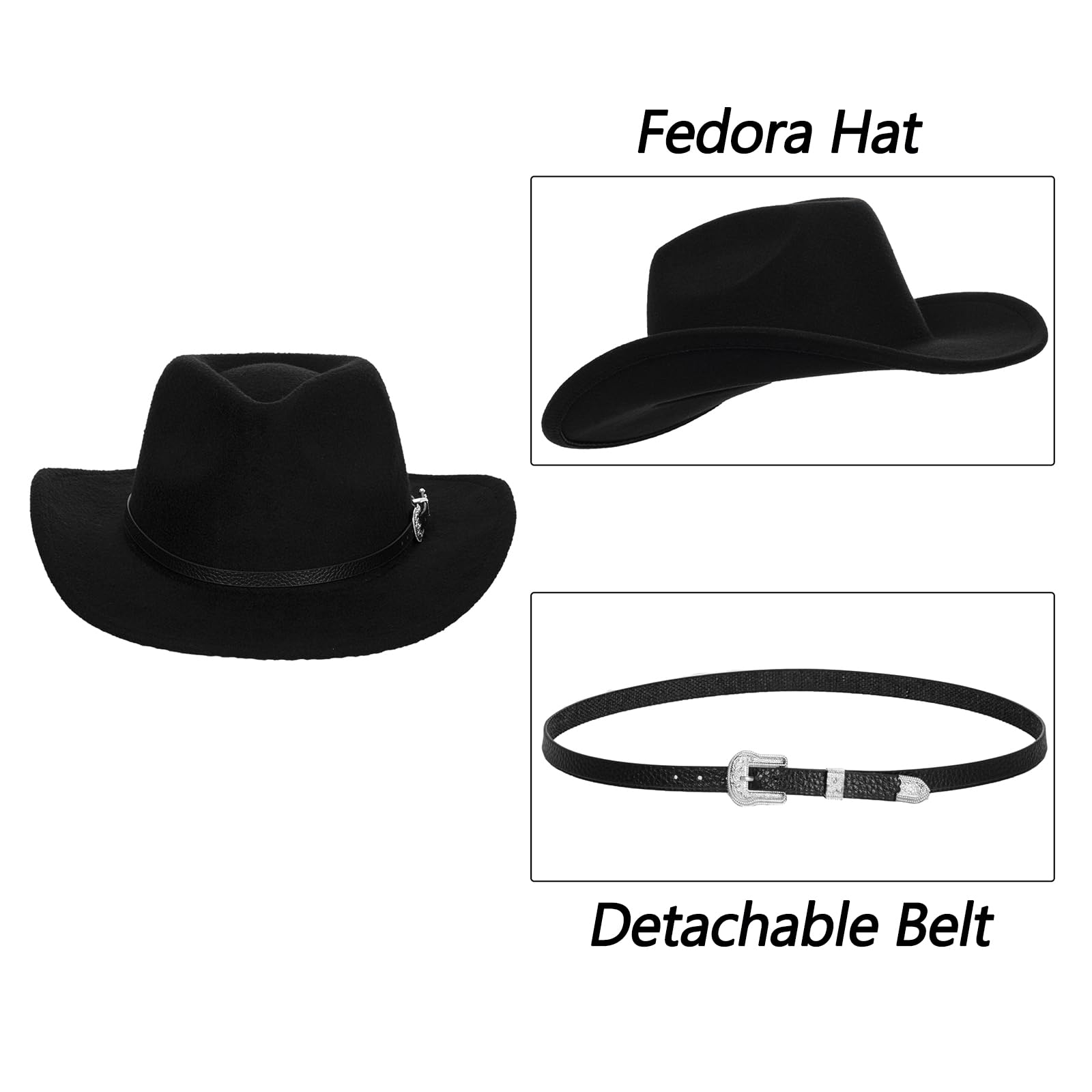 Western Felt Cowboy Cowgirl Hat - Wide Brim Panama Jazz Fedora Hat with Floral Engraved Buckle Belt Decoration 22.4" to 22.8" Black