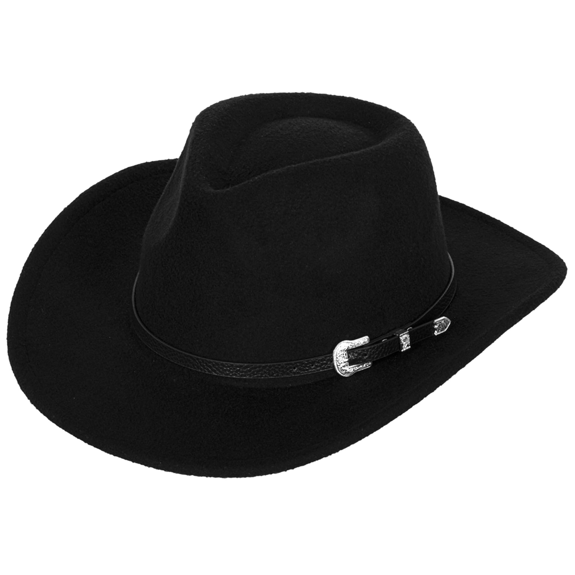 Western Felt Cowboy Cowgirl Hat - Wide Brim Panama Jazz Fedora Hat with Floral Engraved Buckle Belt Decoration 22.4" to 22.8" Black