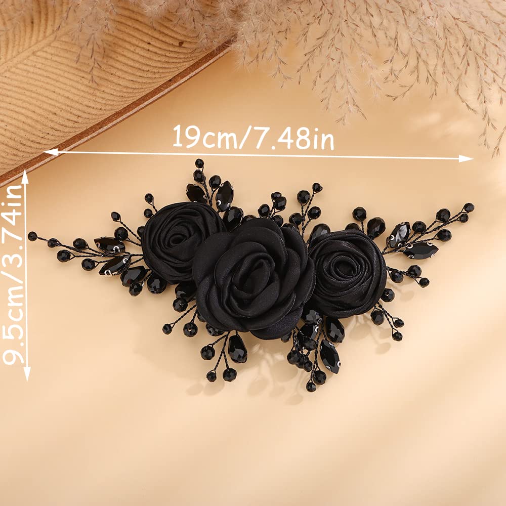 Teyglen Bridal Wedding Headband Black Flower Headband Floral Crystal Hair Pieces Handmade Black Rhinestone Headpiece Hair Accessories for Women Bride Girls