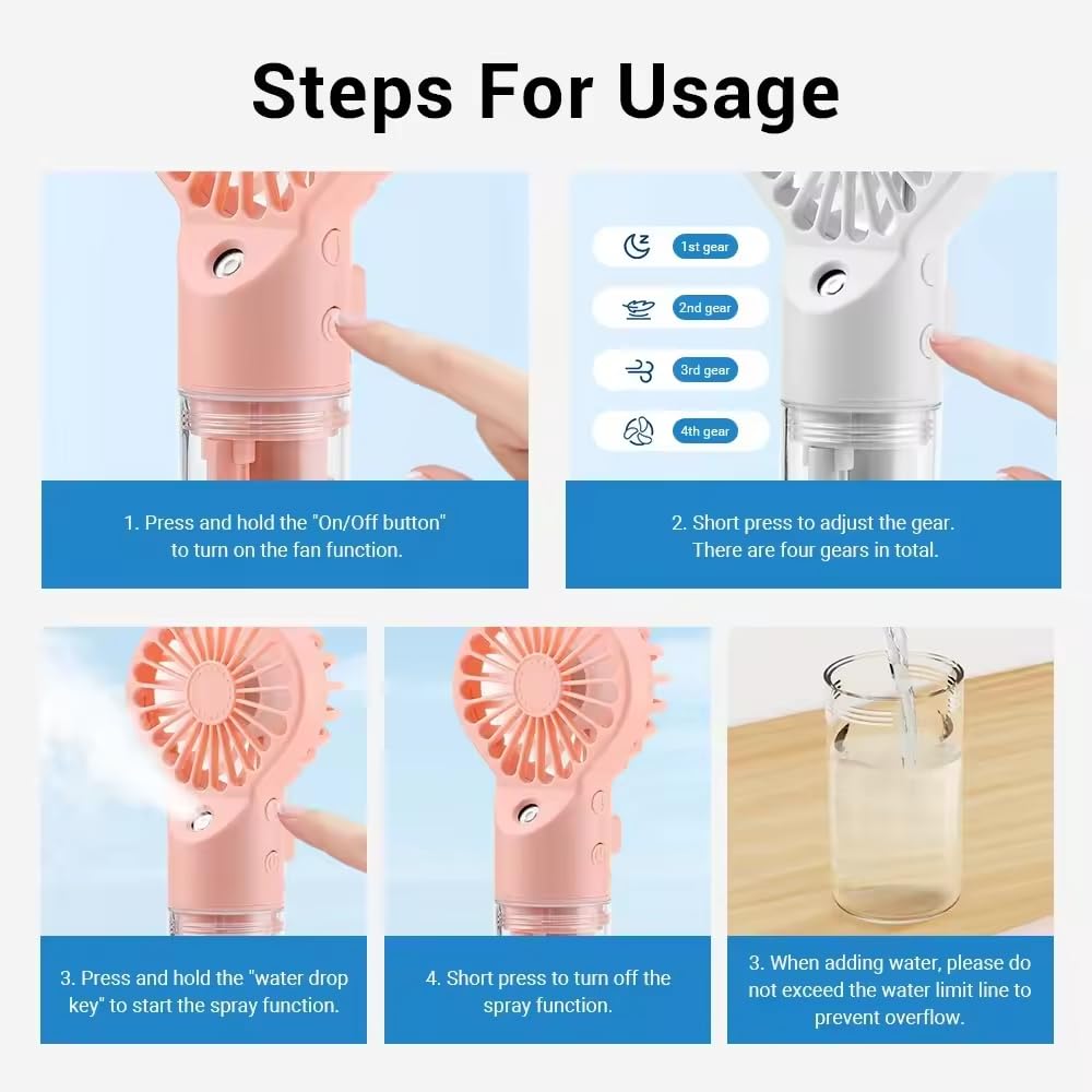 Handheld Fan Portable Handheld Misting Fan - Rechargeable Battery Operated Spray Mist Fan - Water Mist Fan - Outdoors Misting Personal Cooling - Cooling Fans for Makeup Travel, Beach, PACK OF 2