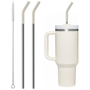 bluwing metal straw with silicone tip for 40oz stanley cup, 2 pcs stainless steel straws replacement for stanley 40 oz 30 oz adventure quencher travel tumbler cup, 1 straw brush (cream grey)