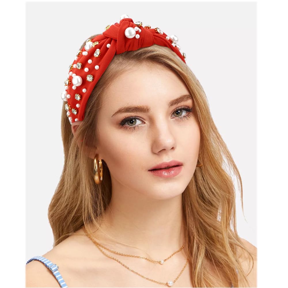 Atoden Red Wide Top Knot Headband with Pearl Rhinestone for Women's Hair Embellished Headbands Non Slip Sparkly Hair Bands Fashion Hair Accessories