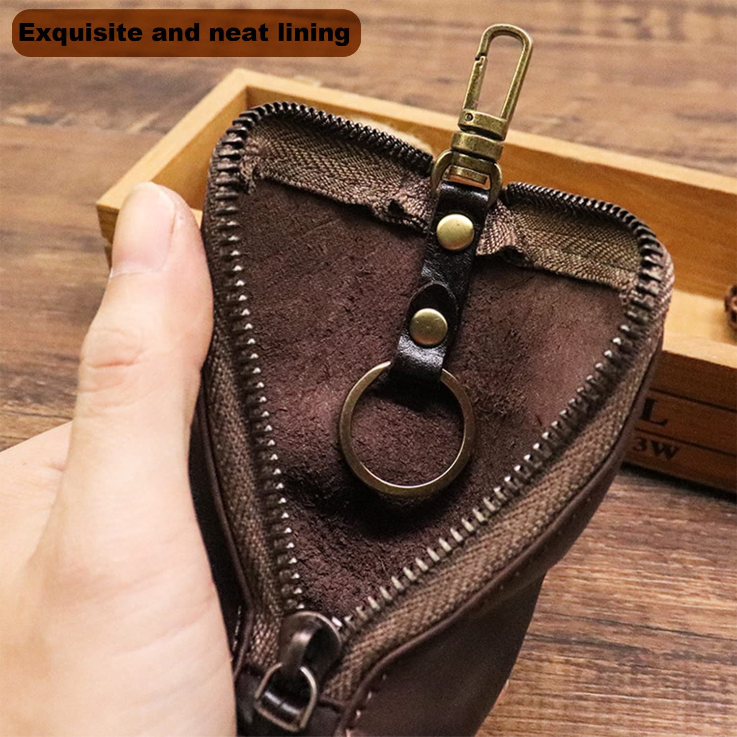 LFWATAXY Medieval Leather Zipper Coin Pouch - Genuine Cowhide, Handcrafted，Coin Organizer, Change Holder，Keychain Coin Purse for Men & Women (Brown)