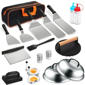 19pcs griddle accessories kit, stainless steel flat top grill accessories set for blackstone and camp chef, grill spatula set with enlarged spatulas, basting cover, scraper for outdoor barbecue