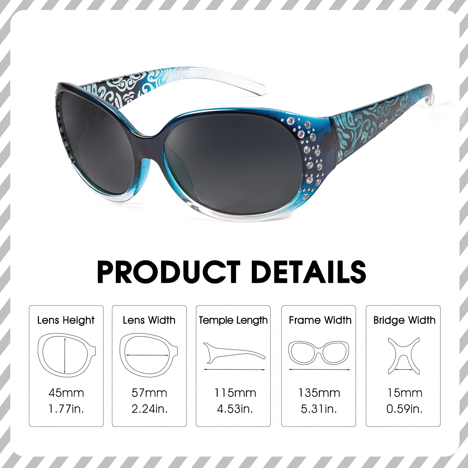 LVIOE Polarized Sunglasses for Women, Rhinestone Wrap Around Sunglasses with UV Protection Lens LS008