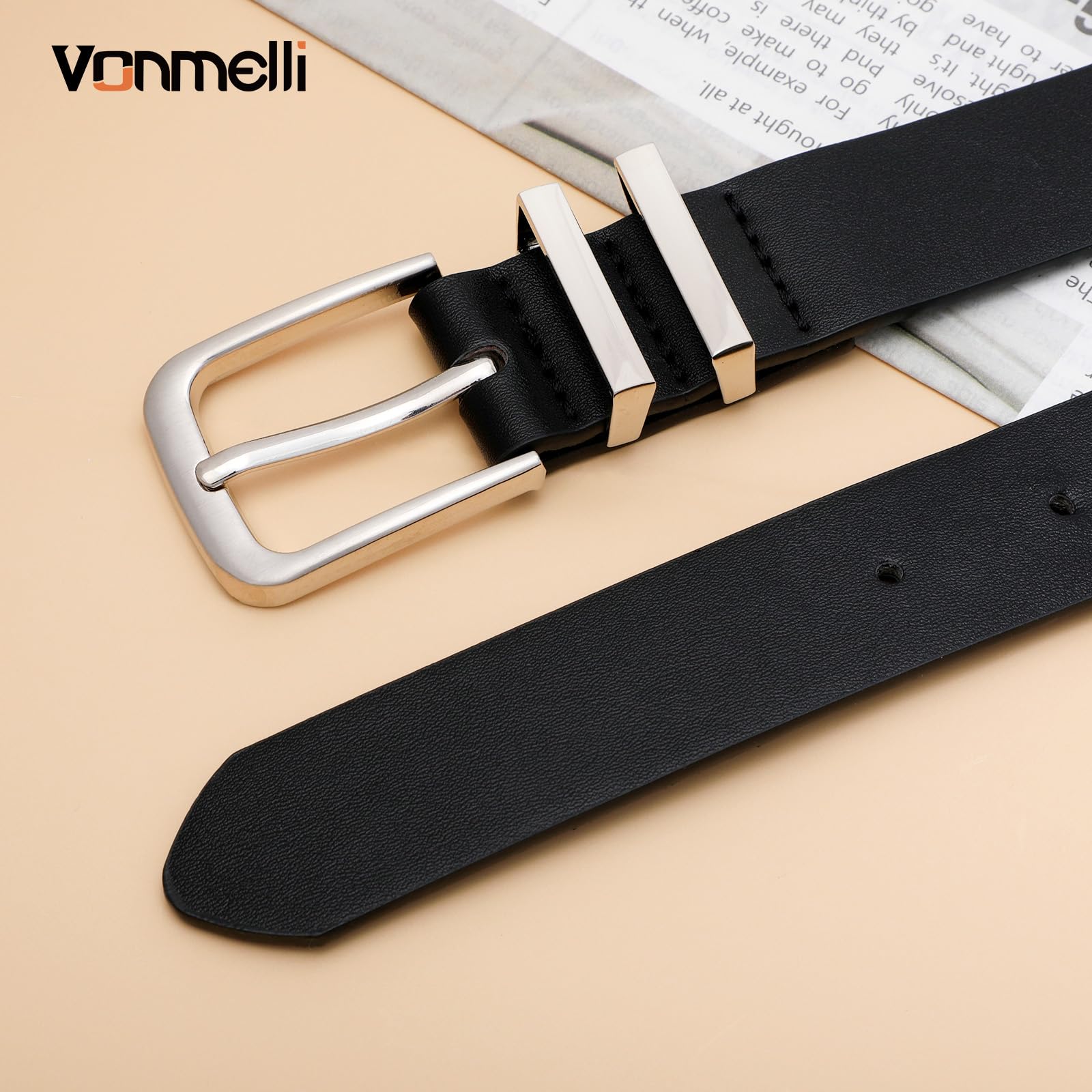 VONMELLI Women's Soft Faux Leather Belt for Jeans Pants Dress Fashion Ladies Waist Belt with Gold/Silvery Buckle Black M