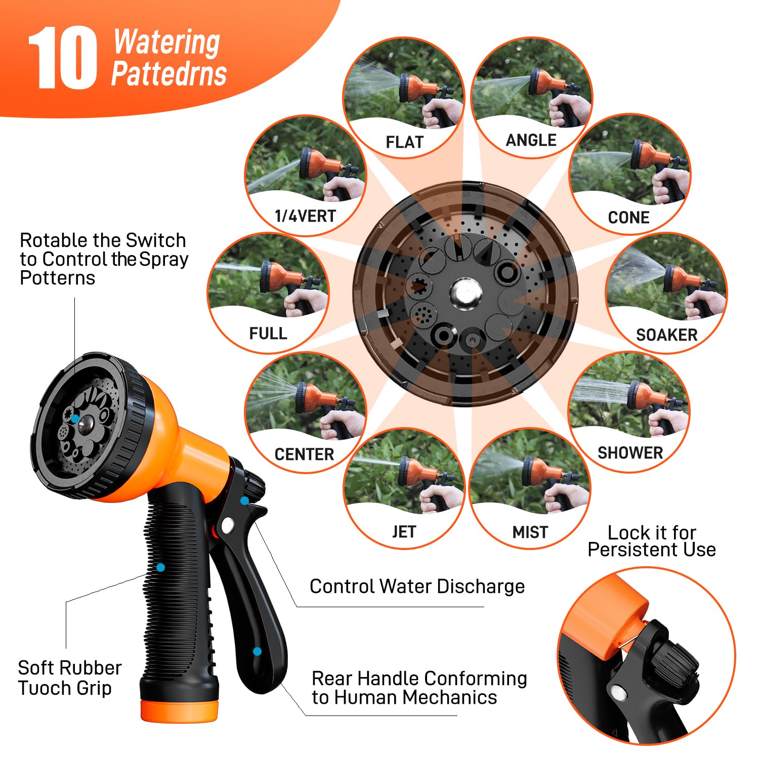 Besiter Garden Hose 50FT Stainless Steel Water Hose with 10 Functions Adjustable Spray Nozzle, Heavy-Duty Metal Garden Hose Flexible Durable No-Tangle & Kink Leak Dog Proof Hose for Yard Lawn(Orange)