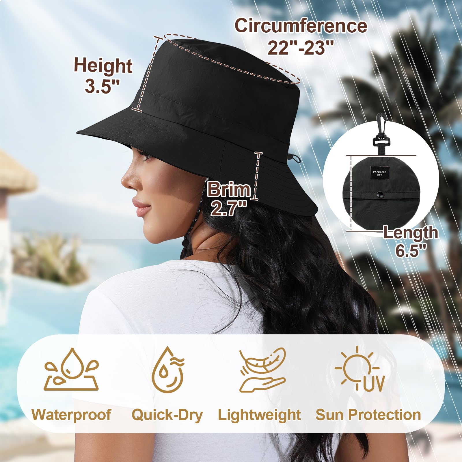 Womens Packable Waterproof Bucket Hat Men UV Protection Sun Hat, Black