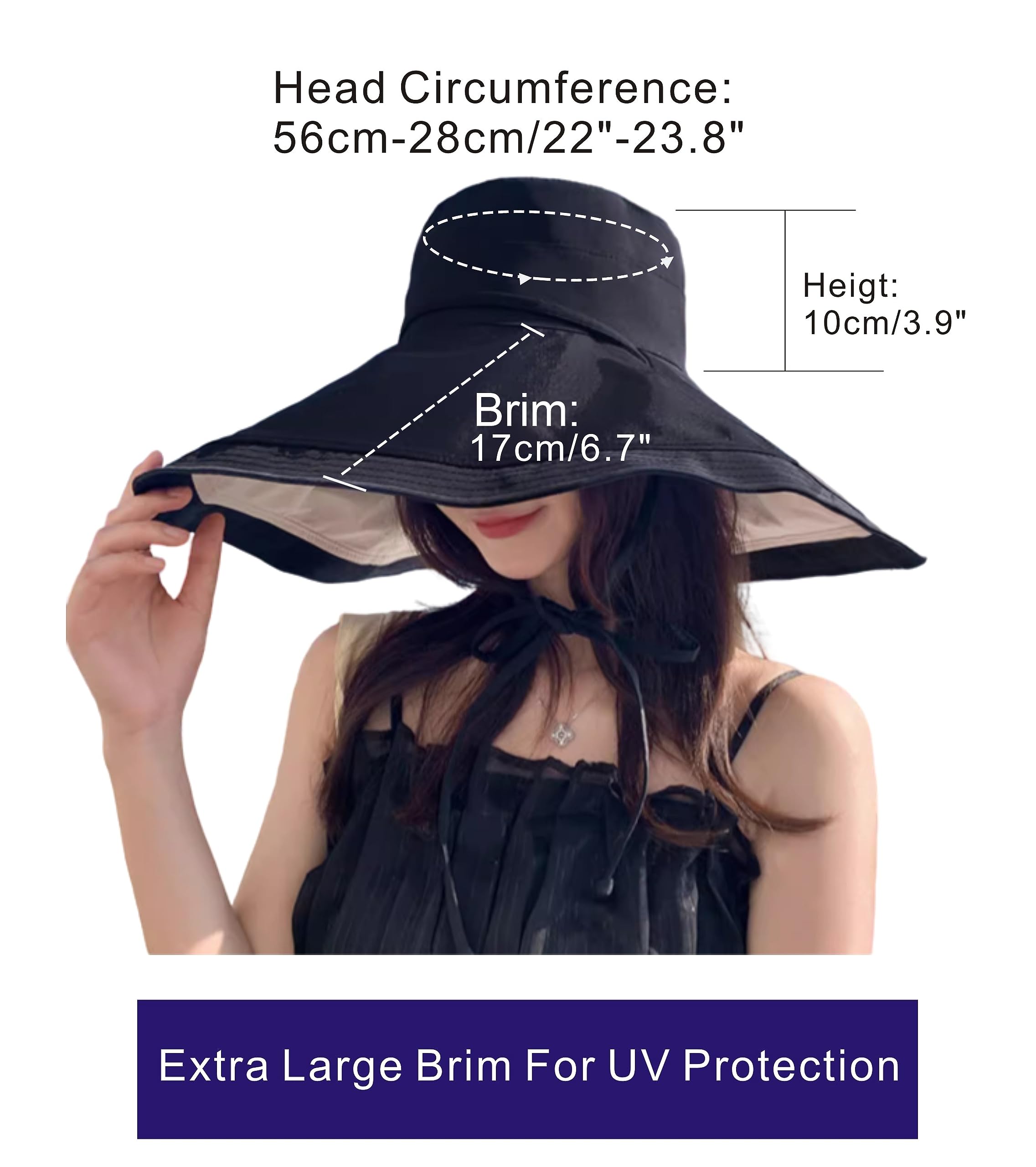 Packable Large Brim Sun Hat for Women - 6.7" Wide-Brim UV-Protection Women's-Sun-Beach-Hats with Strap Black