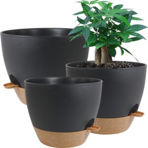 uouz large self watering pots, 12/10/9 plastic planters with high drainage holes and deep reservoir for indoor outdoor garden plants and flowers, black with brown