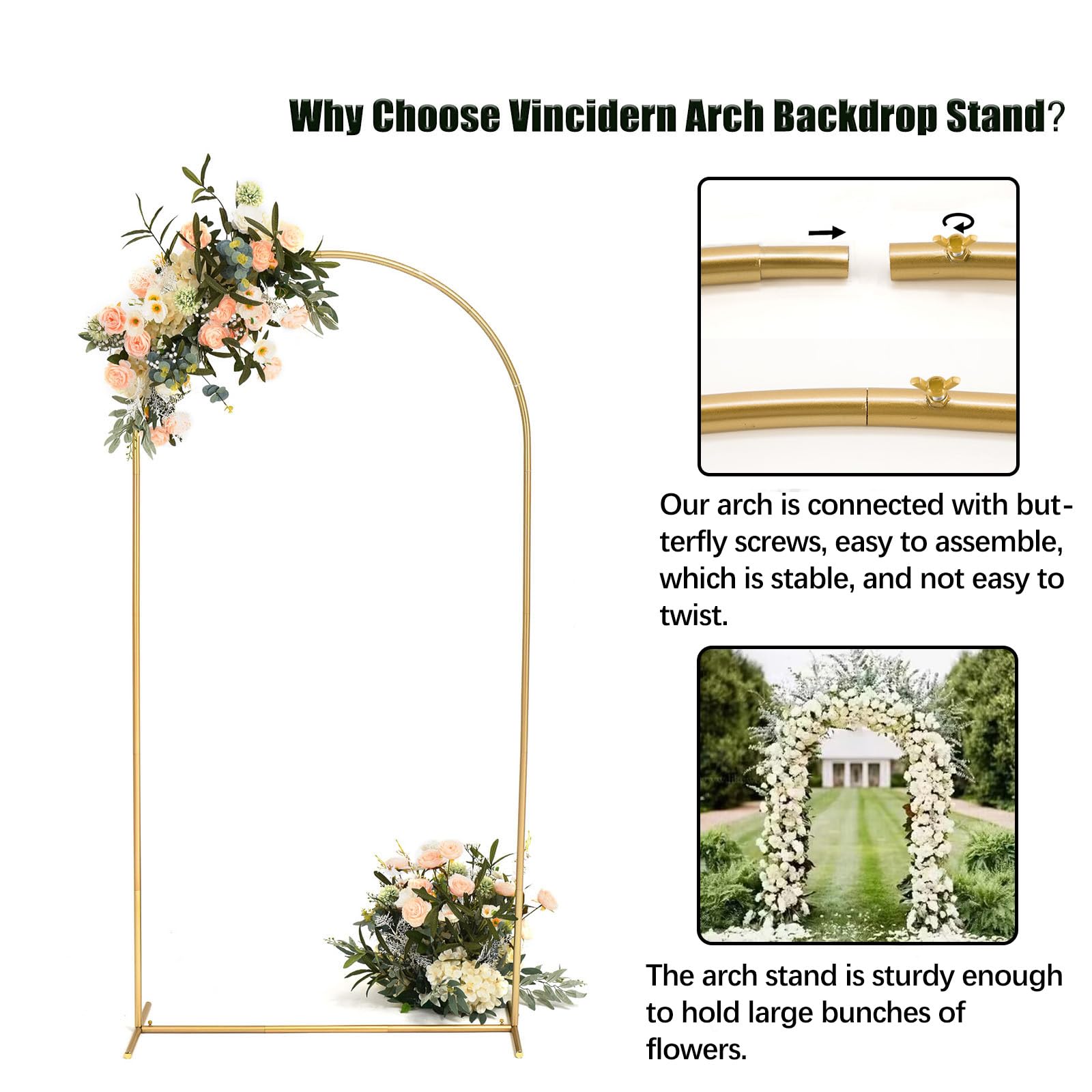 Vincidern 6.6 FT Wedding Arch Backdrop Stand for Parties, Balloon Arch Stand, Wedding Arches for Ceremony, Metal Arch Backdrop Stand for Bridal Baby Showers, Birthday Party Decoration Door Frame Gold