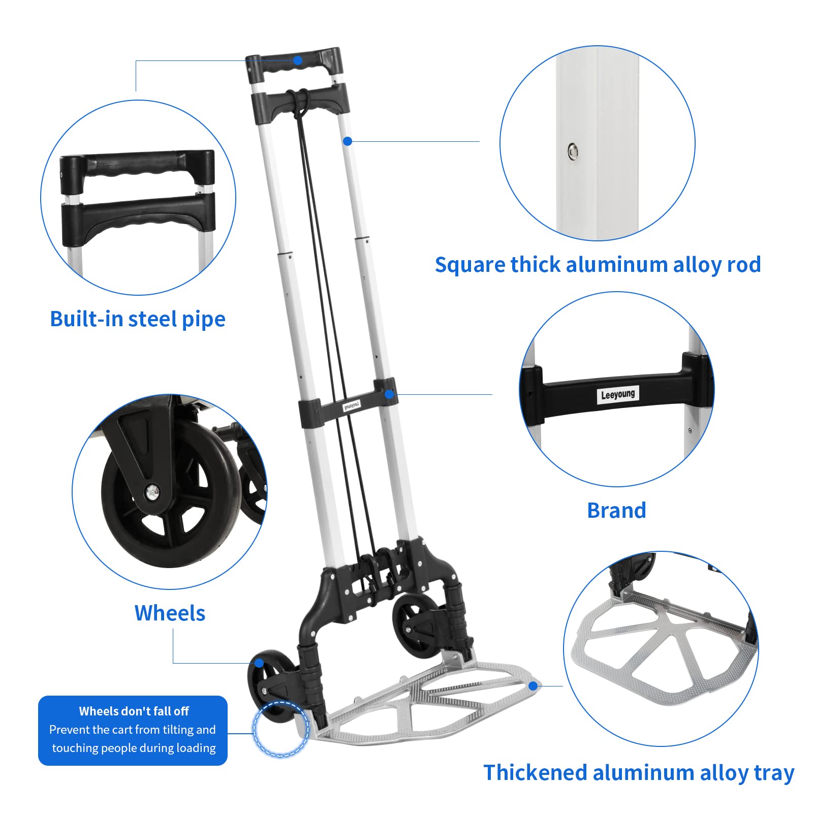 Leeyoung Dolly Cart Extended Handle Foldable Hand Truck, Aluminum Moving Dolly, 175 lb Capacity and 43.31" Long Telescoping Handle for Indoor Outdoor Moving Travel.