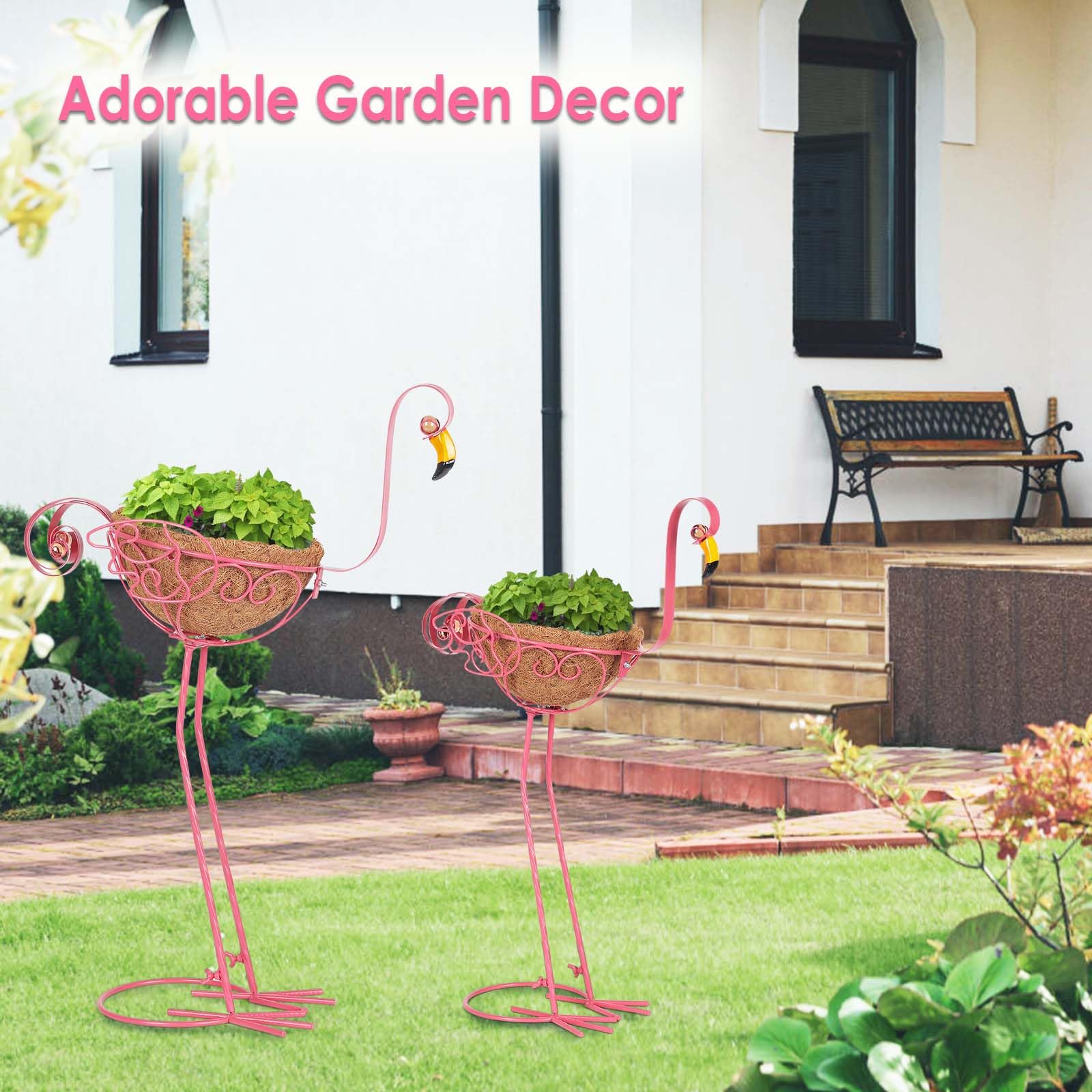 Kikth Set of 2 Pink Metal Flamingo Planters with Basket for Indoor Outdoor Garden Yard Decor