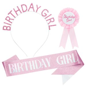 birthday celebration set for women's special occasion: pink sash, rose gold hair bands, rhinestone headband, corsage & sweet happy vibes