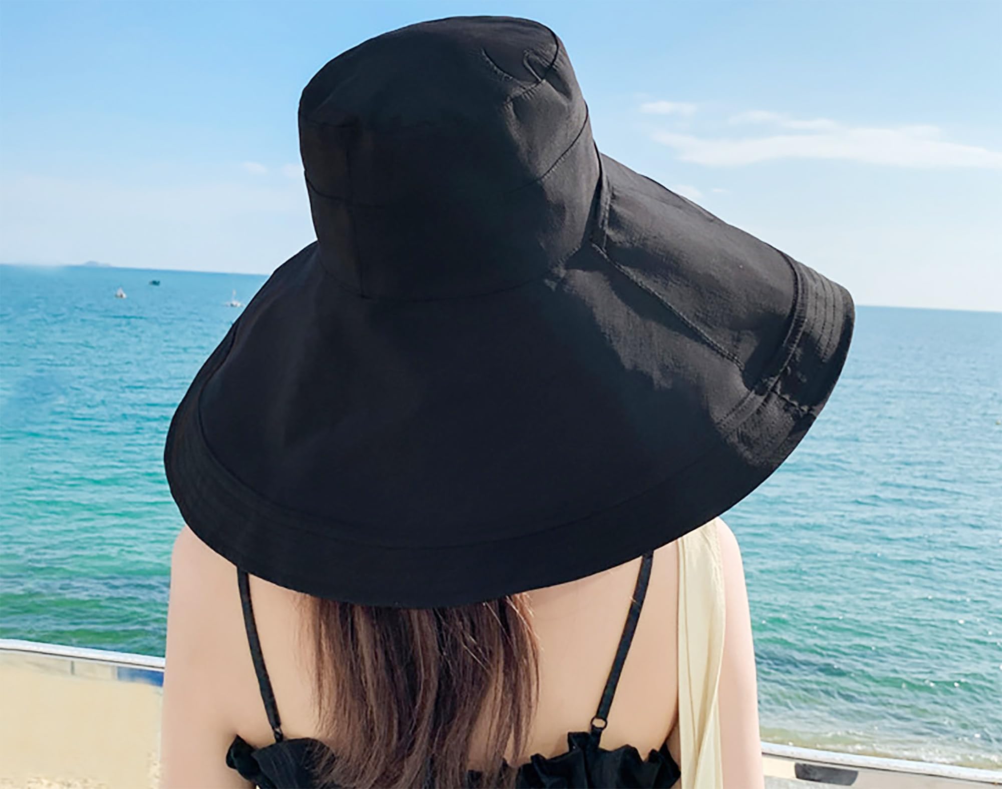 Packable Large Brim Sun Hat for Women - 6.7" Wide-Brim UV-Protection Women's-Sun-Beach-Hats with Strap Black